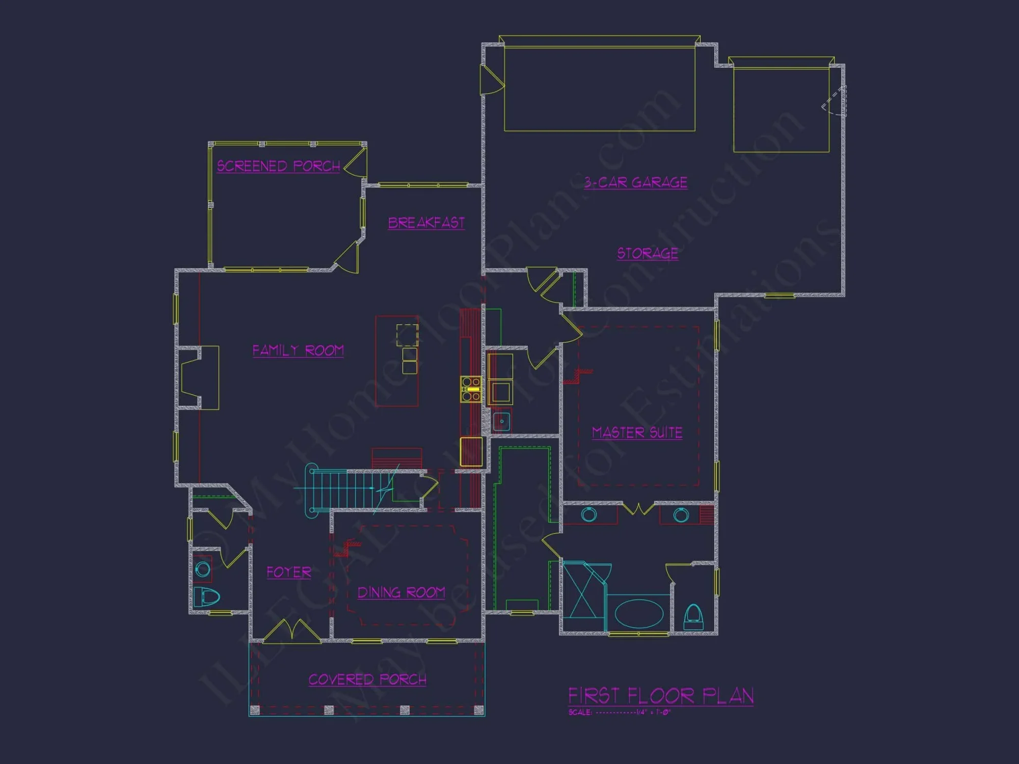 Elegant House Plan with 4 Bedrooms, CAD Design & Spacious Blueprint