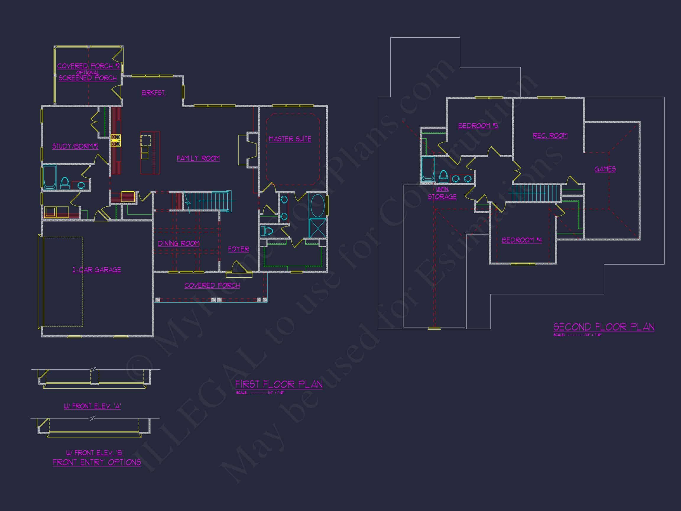 Elegant House Plan with Detailed Floor Plan, CAD Blueprint, and ...